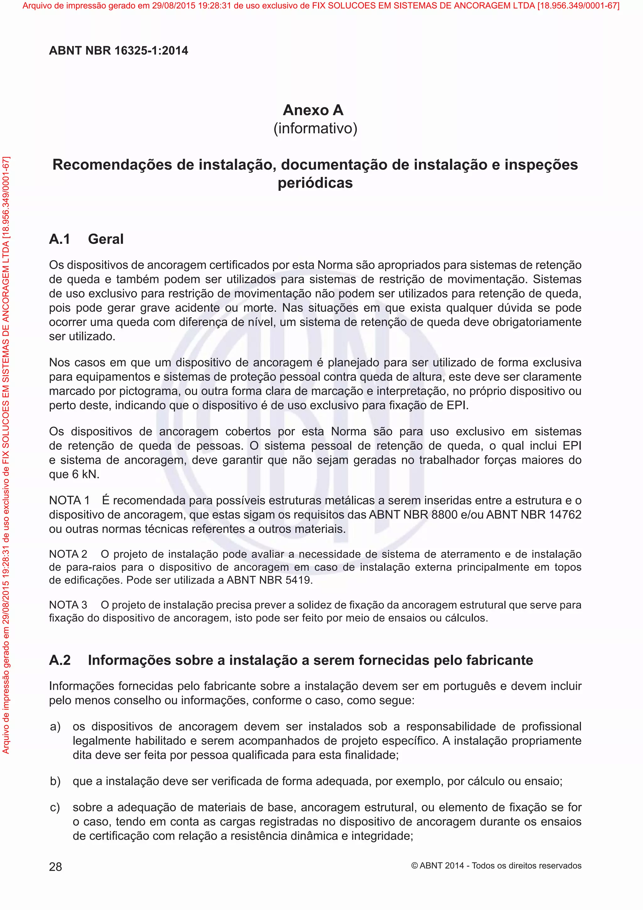 NBR 16325 - parte 1 - dispositivos de ancoragem tipos a, b e d | PDF