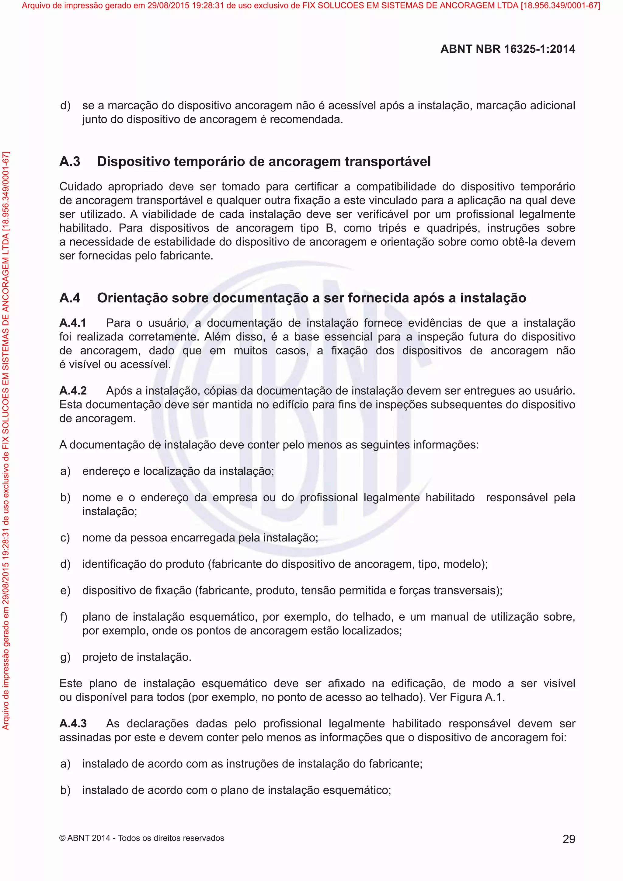 NBR 16325 - parte 1 - dispositivos de ancoragem tipos a, b e d | PDF