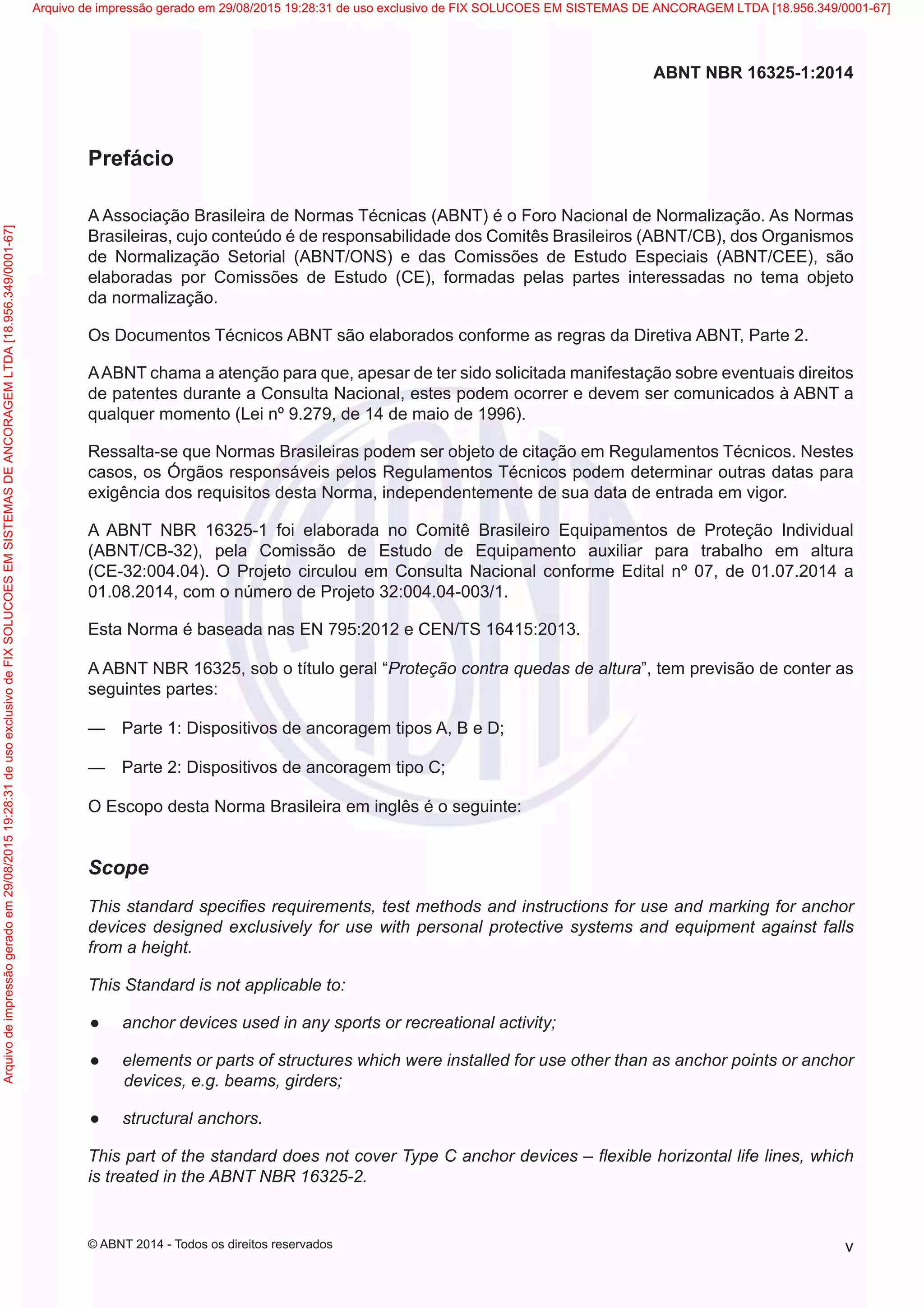 NBR 16325 - parte 1 - dispositivos de ancoragem tipos a, b e d | PDF