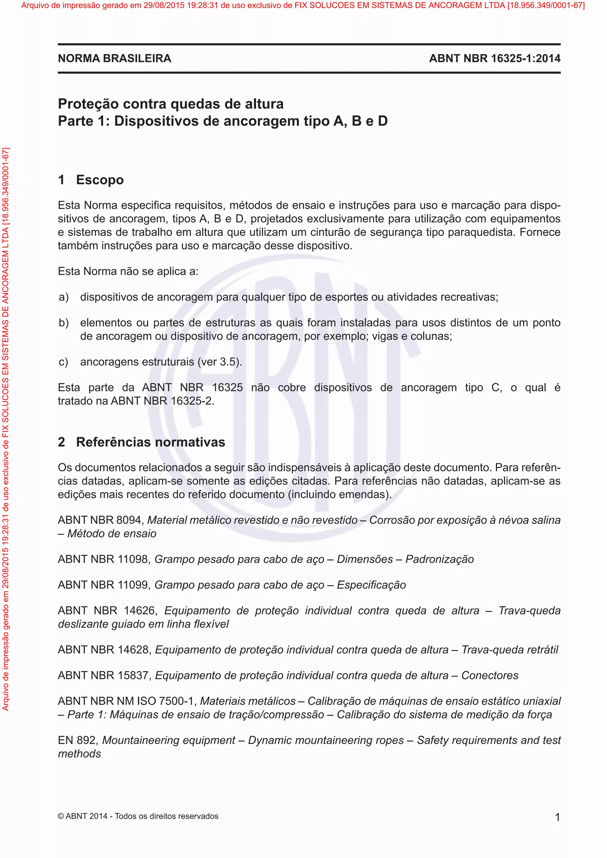 NBR 16325 - parte 1 - dispositivos de ancoragem tipos a, b e d | PDF