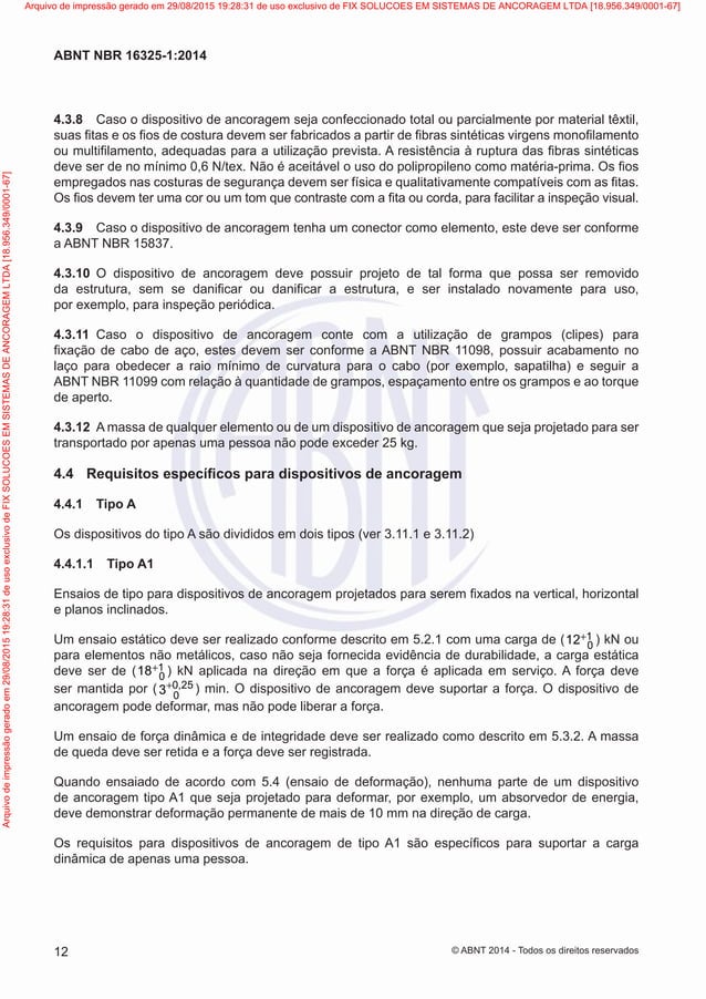 NBR 16325 - parte 1 - dispositivos de ancoragem tipos a, b e d | PDF