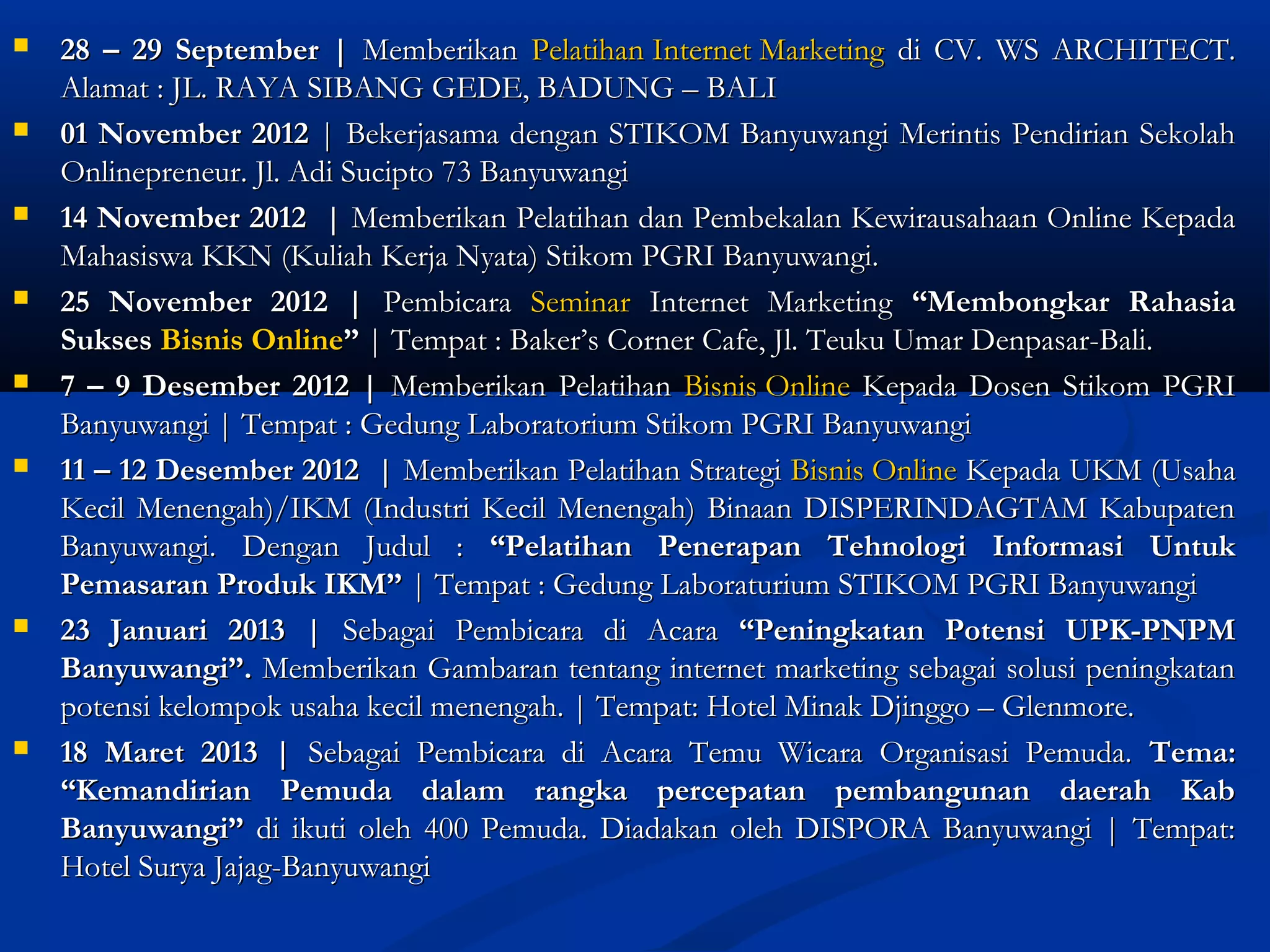 Profil Pembicara Seminar UKM Kewirausahaan | PPT