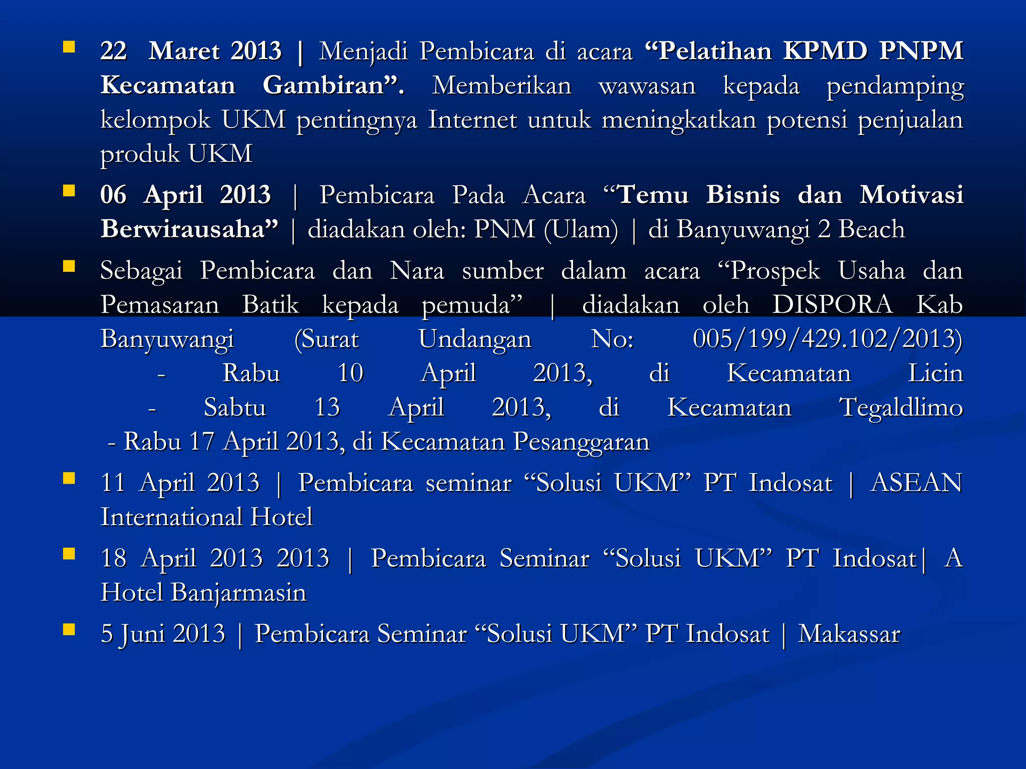 Profil Pembicara Seminar UKM Kewirausahaan | PPT