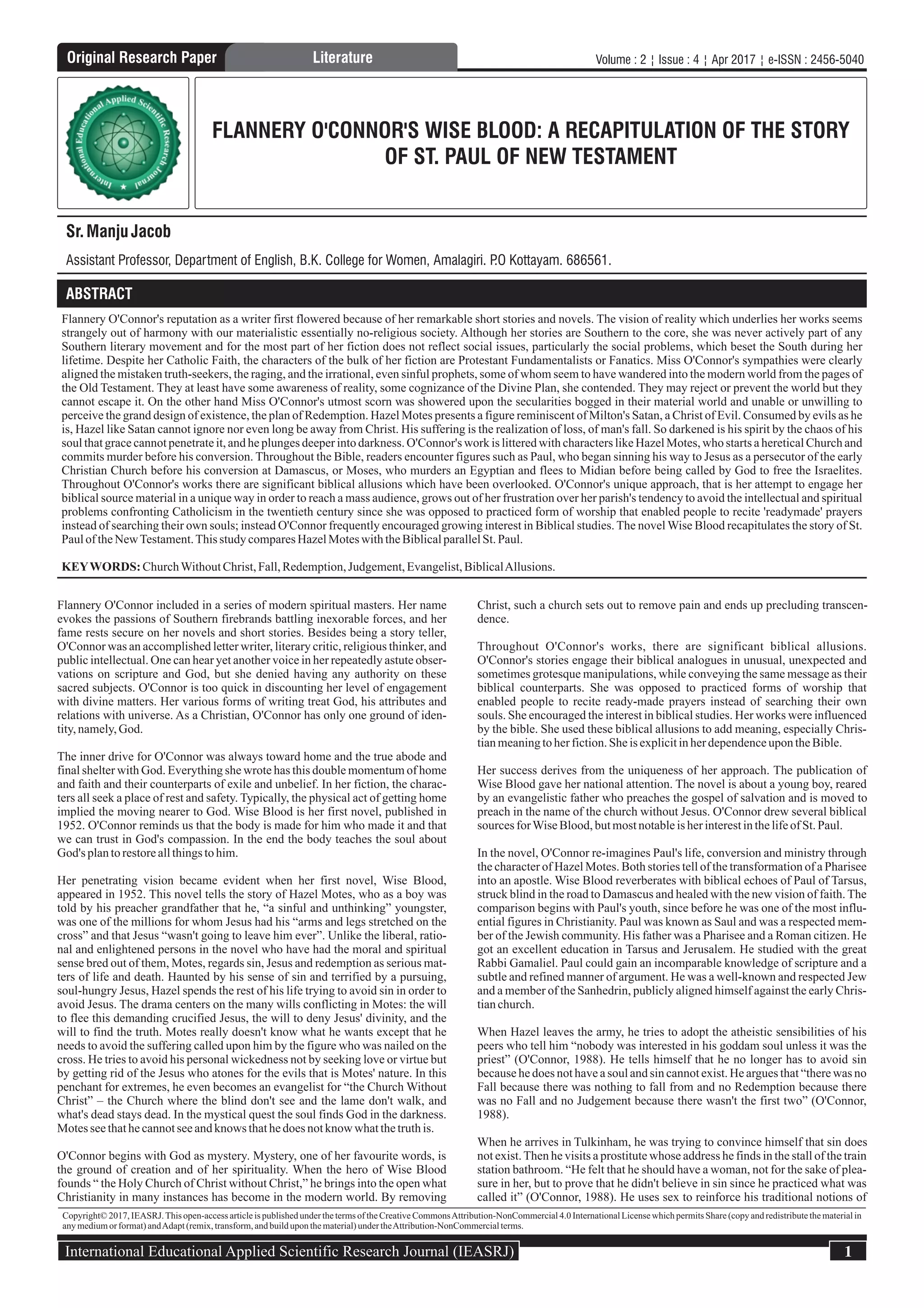 FLANNERY O'CONNOR'S WISE BLOOD: A RECAPITULATION OF THE STORY OF ST ...