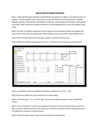 01.steps to solve the lp problem using excel solver | DOCX