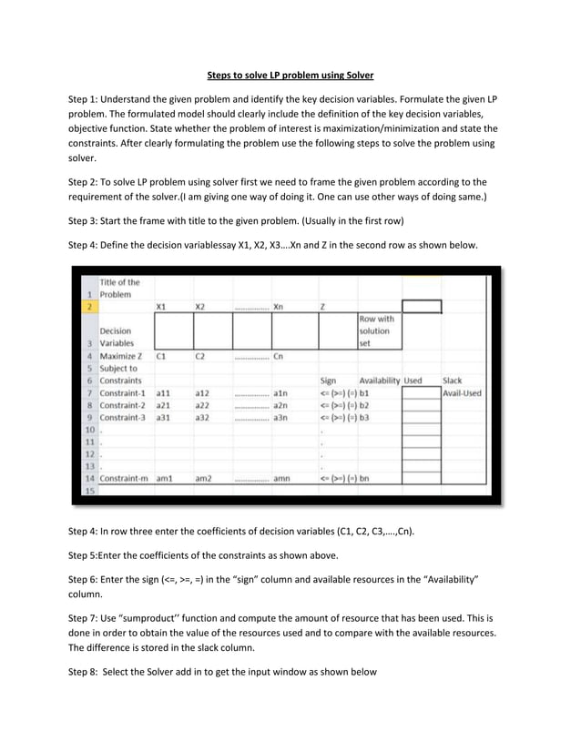 01.steps to solve the lp problem using excel solver | DOCX