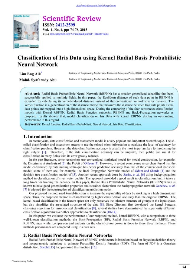 Classification of Iris Data using Kernel Radial Basis Probabilistic Neural Network | PDF ...