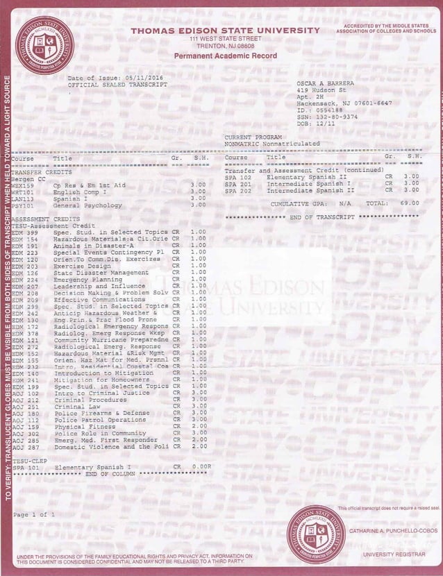 Thomas Edison State University Transcript | PDF