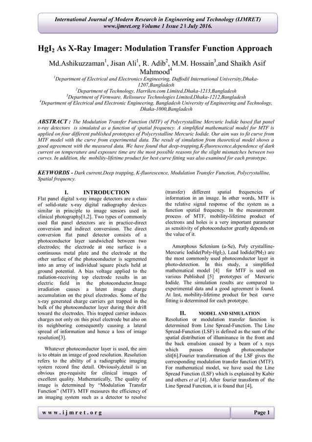 HgI2 As X-Ray Imager: Modulation Transfer Function Approach | PDF
