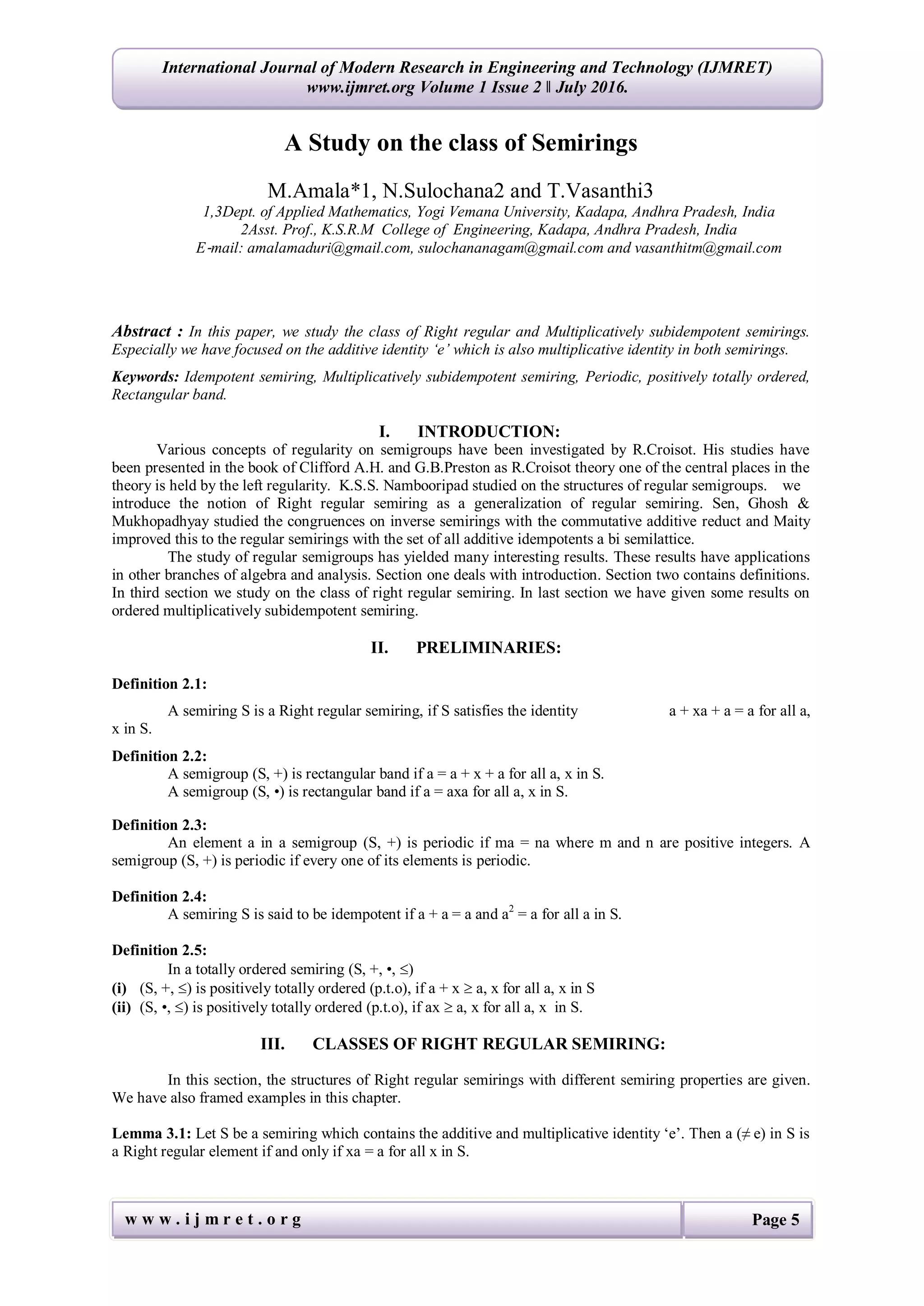 A Study on the class of Semirings | PDF