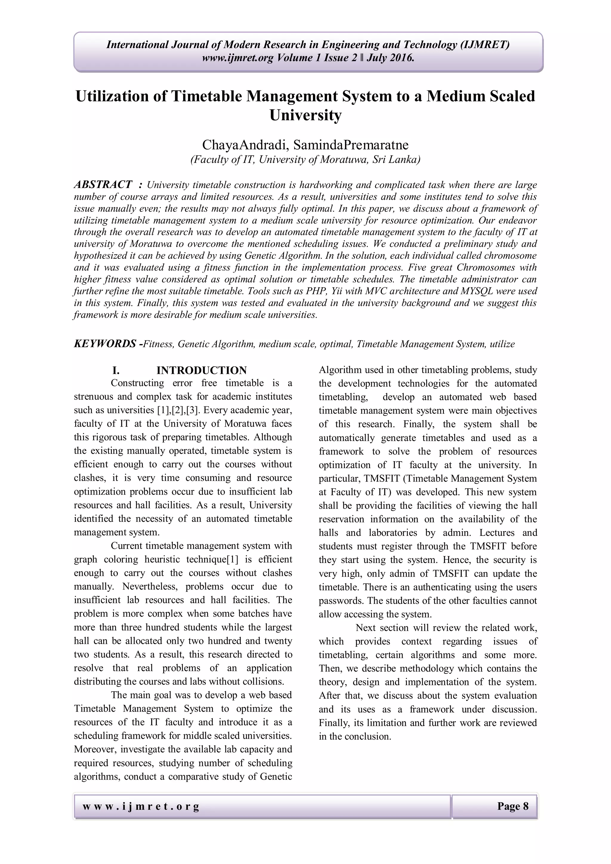 Utilization Of Timetable Management System To A Medium Scaled