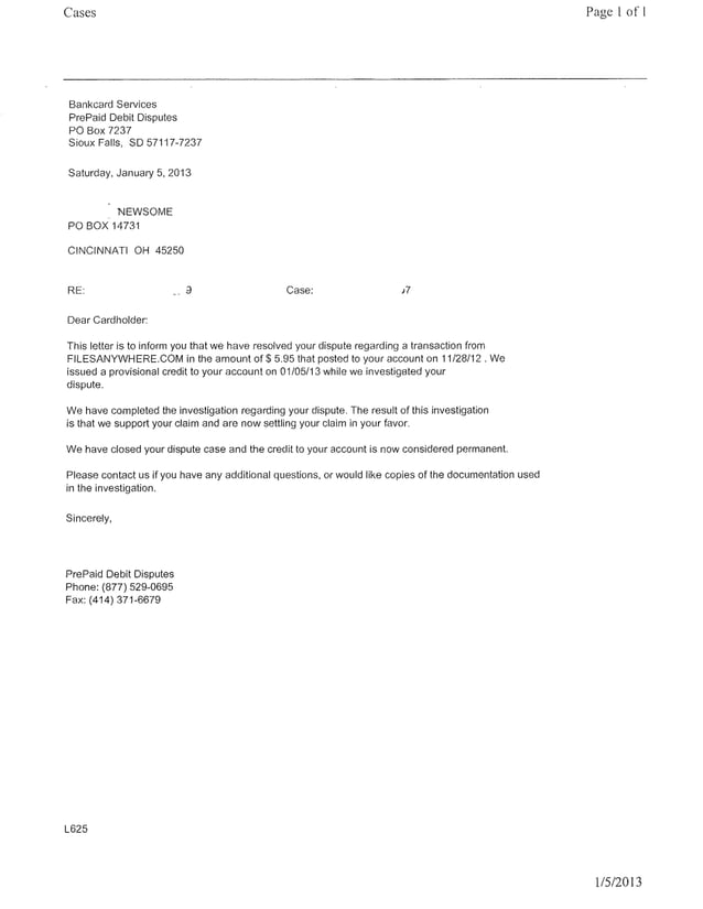 01/05/13 - US Bank (ReliaCard & FilesAnyWhere Issue) | PDF