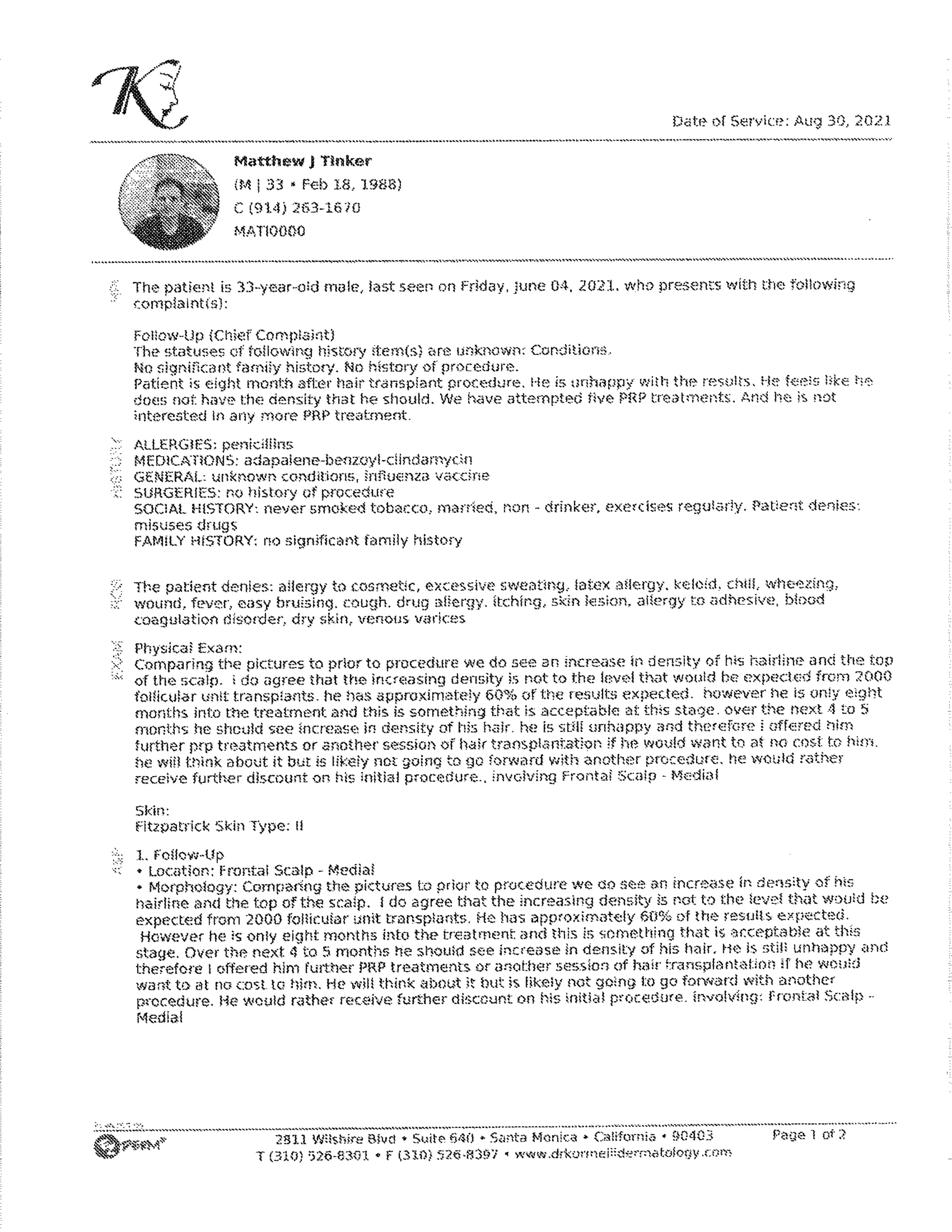 01/08/21 Hootan Zandifar botched a simple Follicular Unit Excision (FUE ...