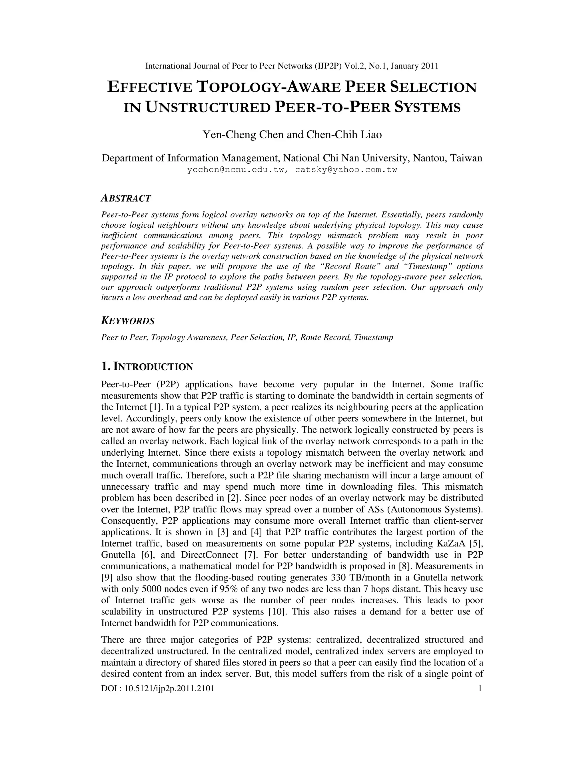 Effective Topology Aware Peer Selection In Unstructured Peer To Peer Systems Pdf 