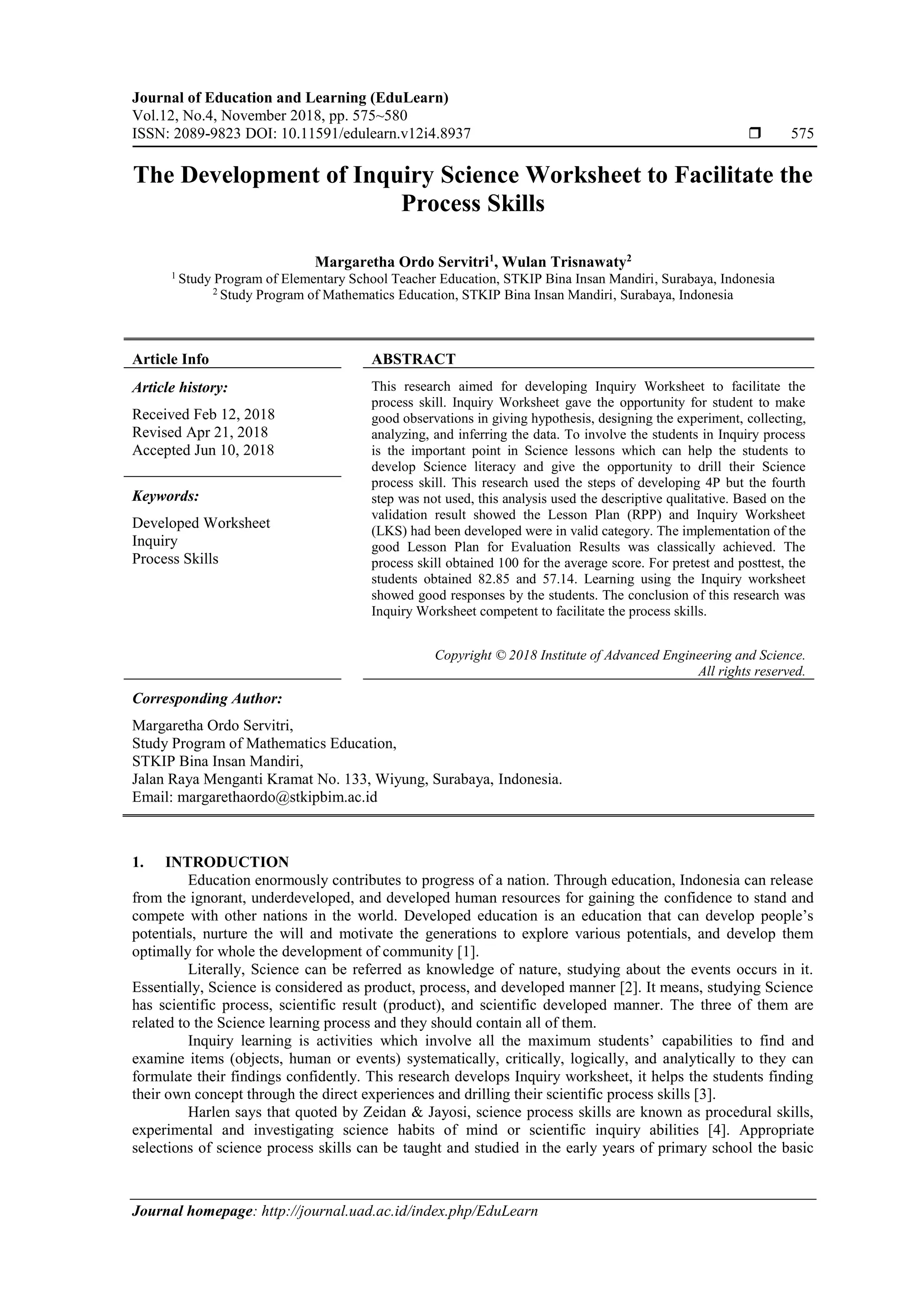 The Development of Inquiry Science Worksheet to Facilitate the Process ...