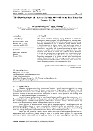 The Development of Inquiry Science Worksheet to Facilitate the Process ...