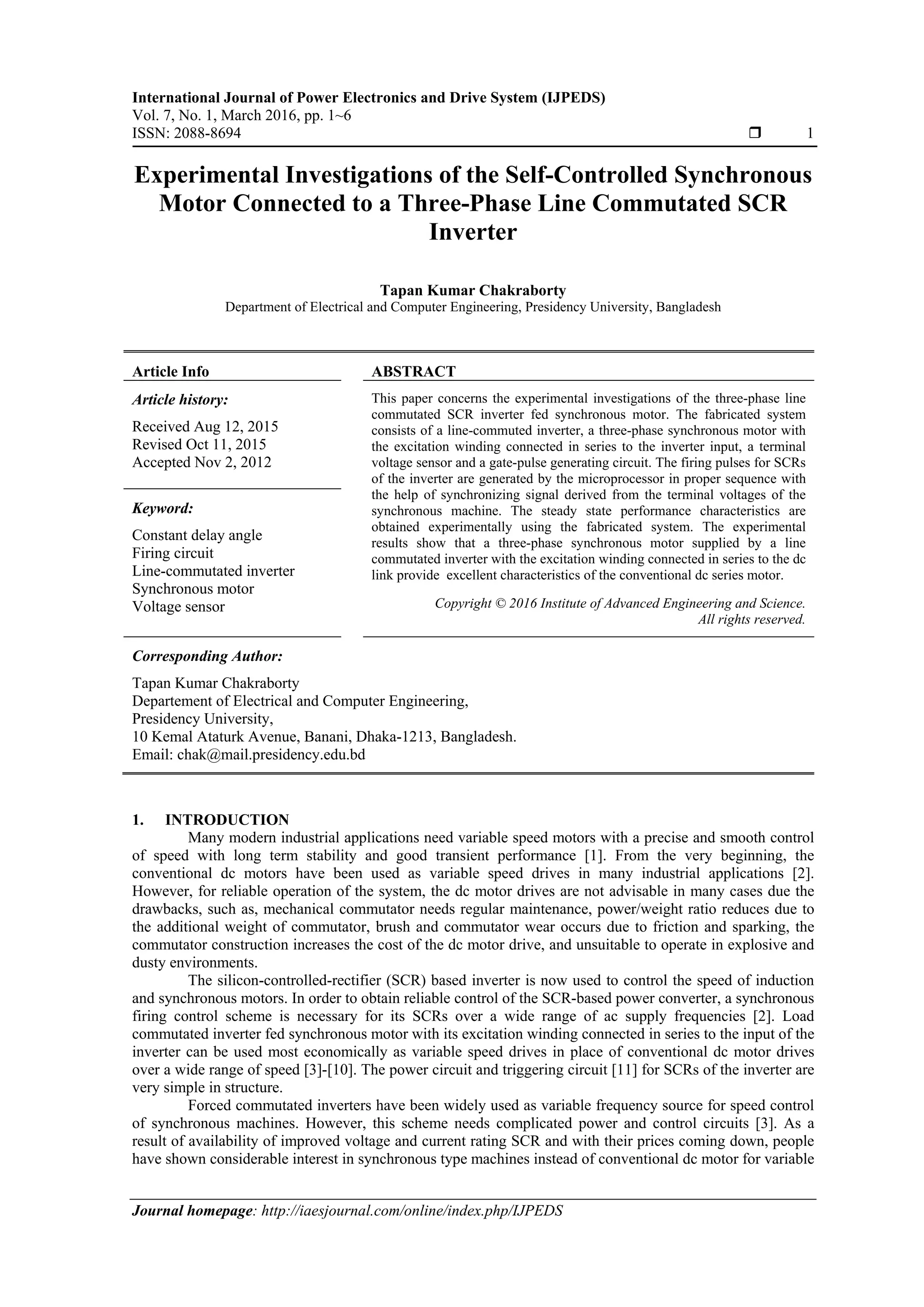 Experimental Investigations of the Self-Controlled Synchronous Motor ...