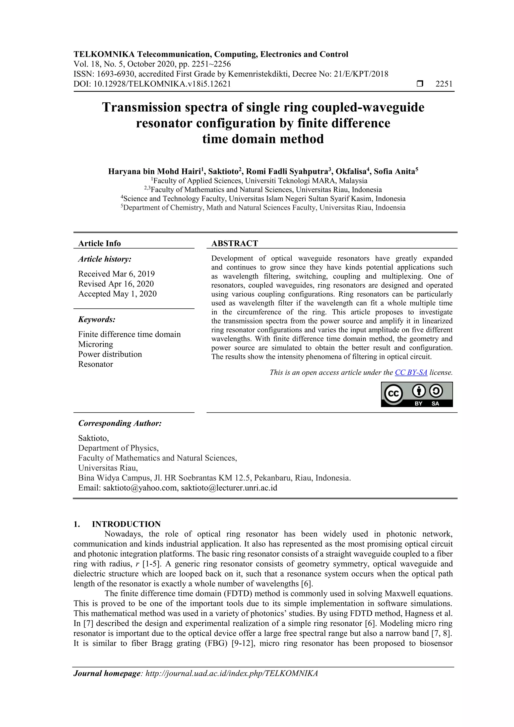 Transmission spectra of single ring coupled-waveguide resonator configuration by finite ...