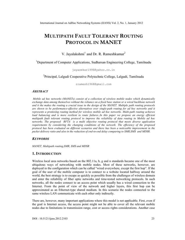Multipath Fault Tolerant Routing Protocol in MANET | PDF
