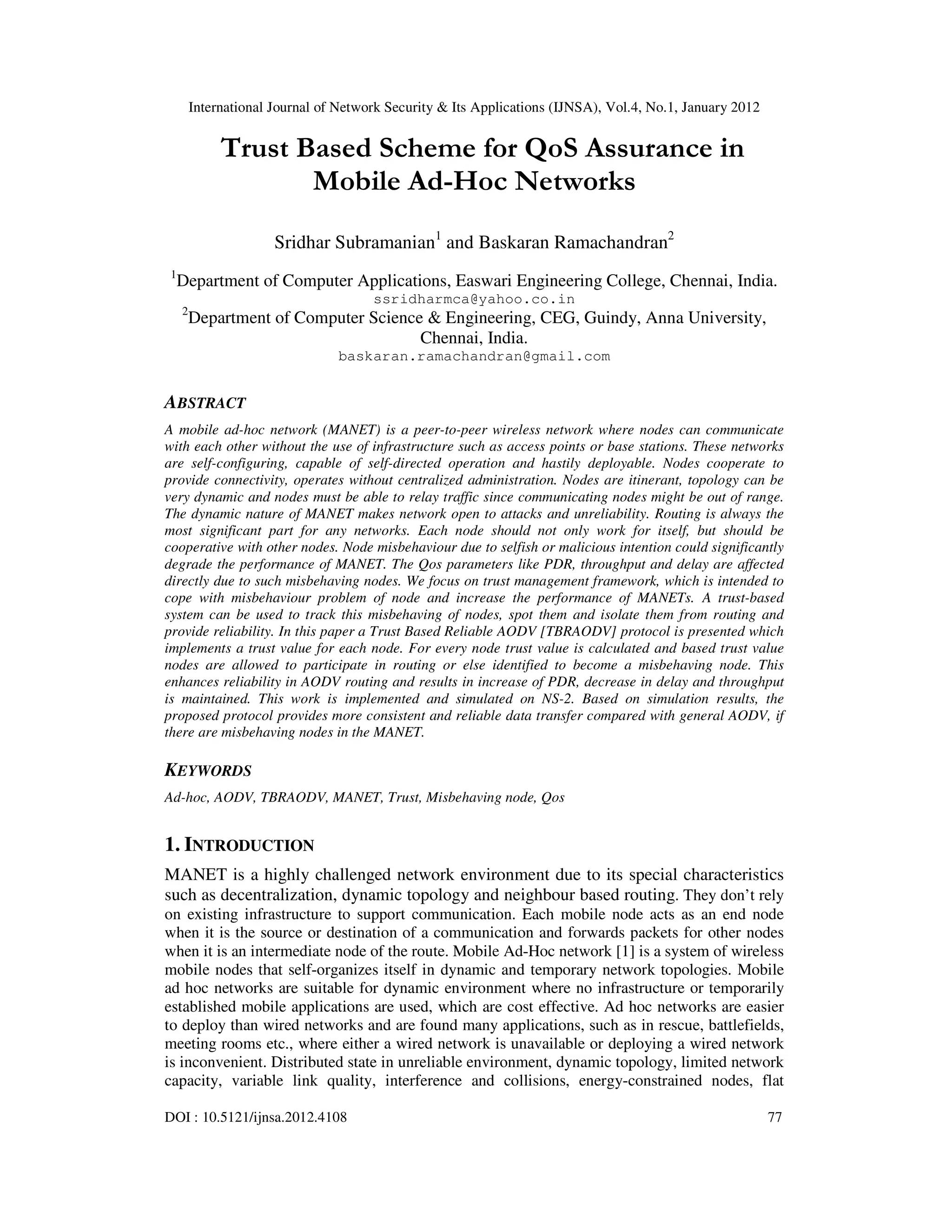 Trust Based Scheme for QoS Assurance in Mobile Ad-Hoc Networks | PDF