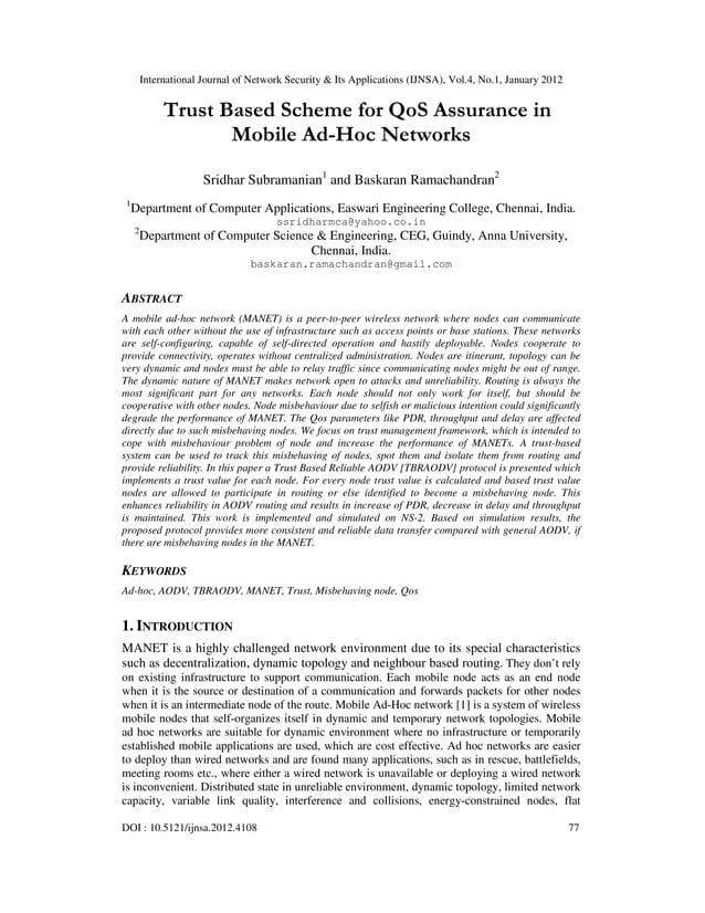 Trust Based Scheme for QoS Assurance in Mobile Ad-Hoc Networks | PDF