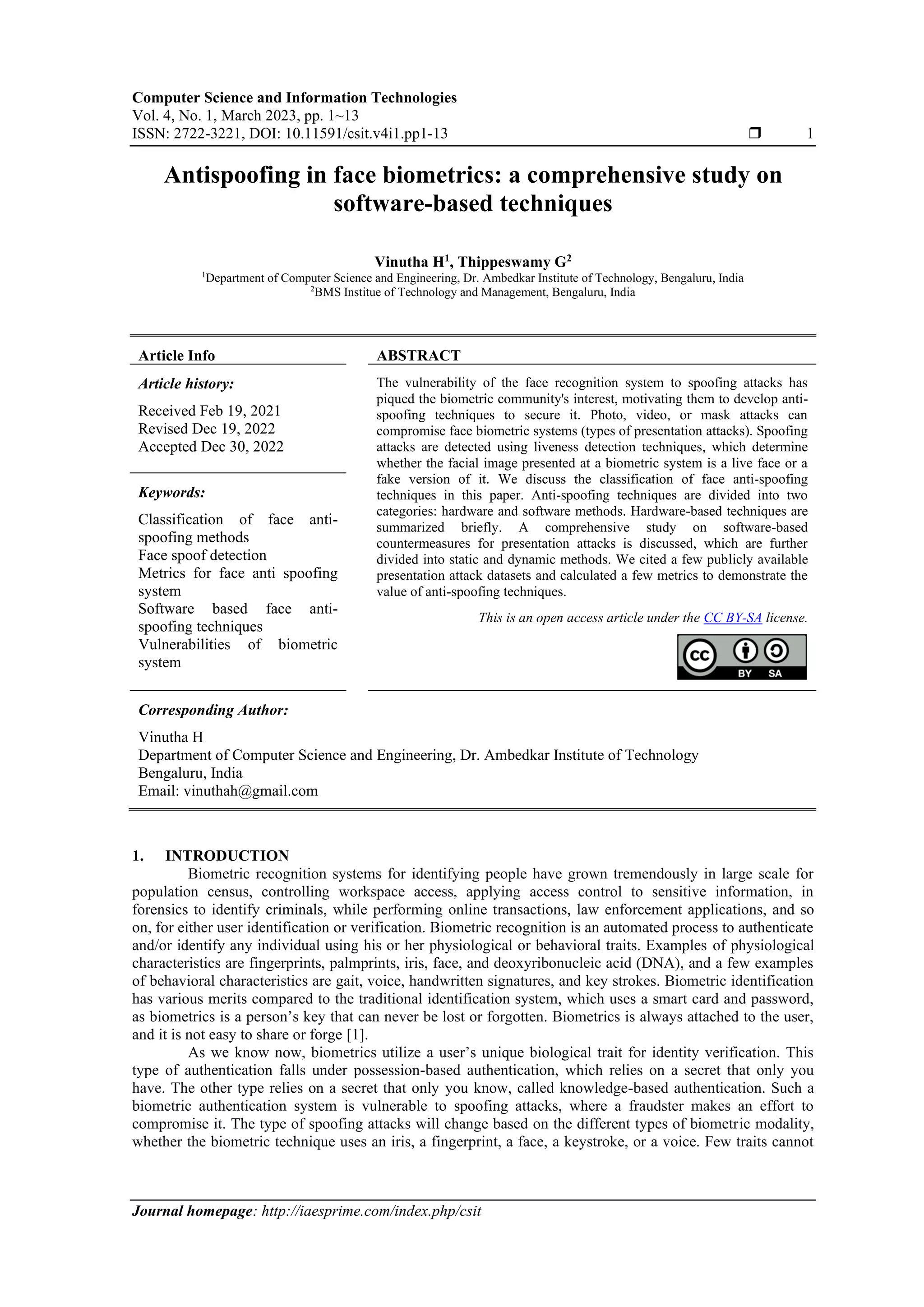 Antispoofing in face biometrics: A comprehensive study on software-based techniques | PDF ...