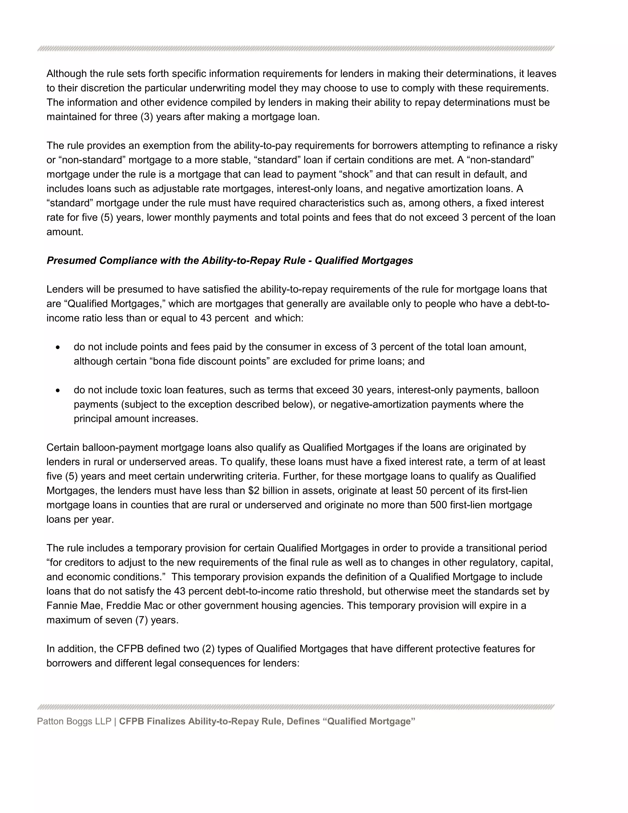 CFPB Finalizes Ability-to-Repay Rule for Mortgage Lenders | PDF