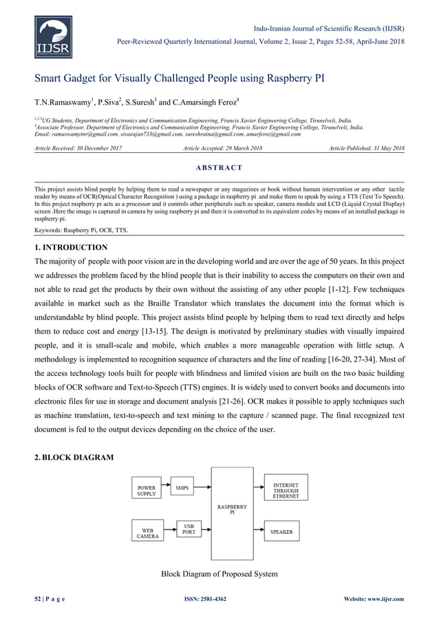 Smart Gadget for Visually Challenged People using Raspberry PI | PDF ...