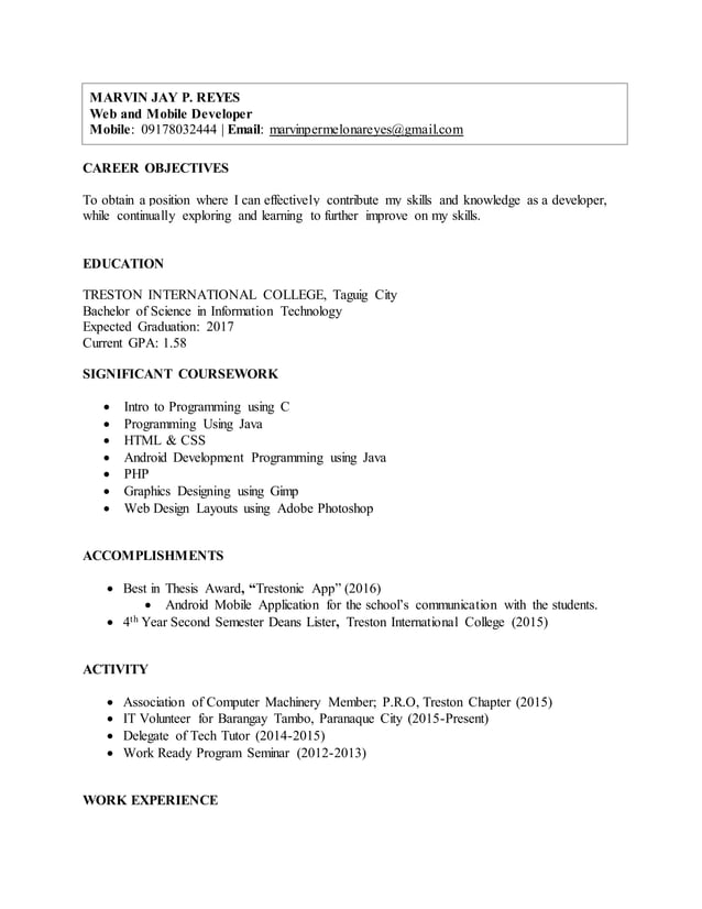 Resume-Marvin-Jay | DOCX | Computing | Technology & Computing