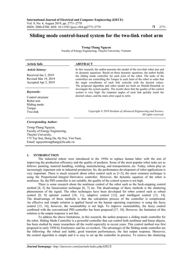 Sliding mode control-based system for the two-link robot arm | PDF