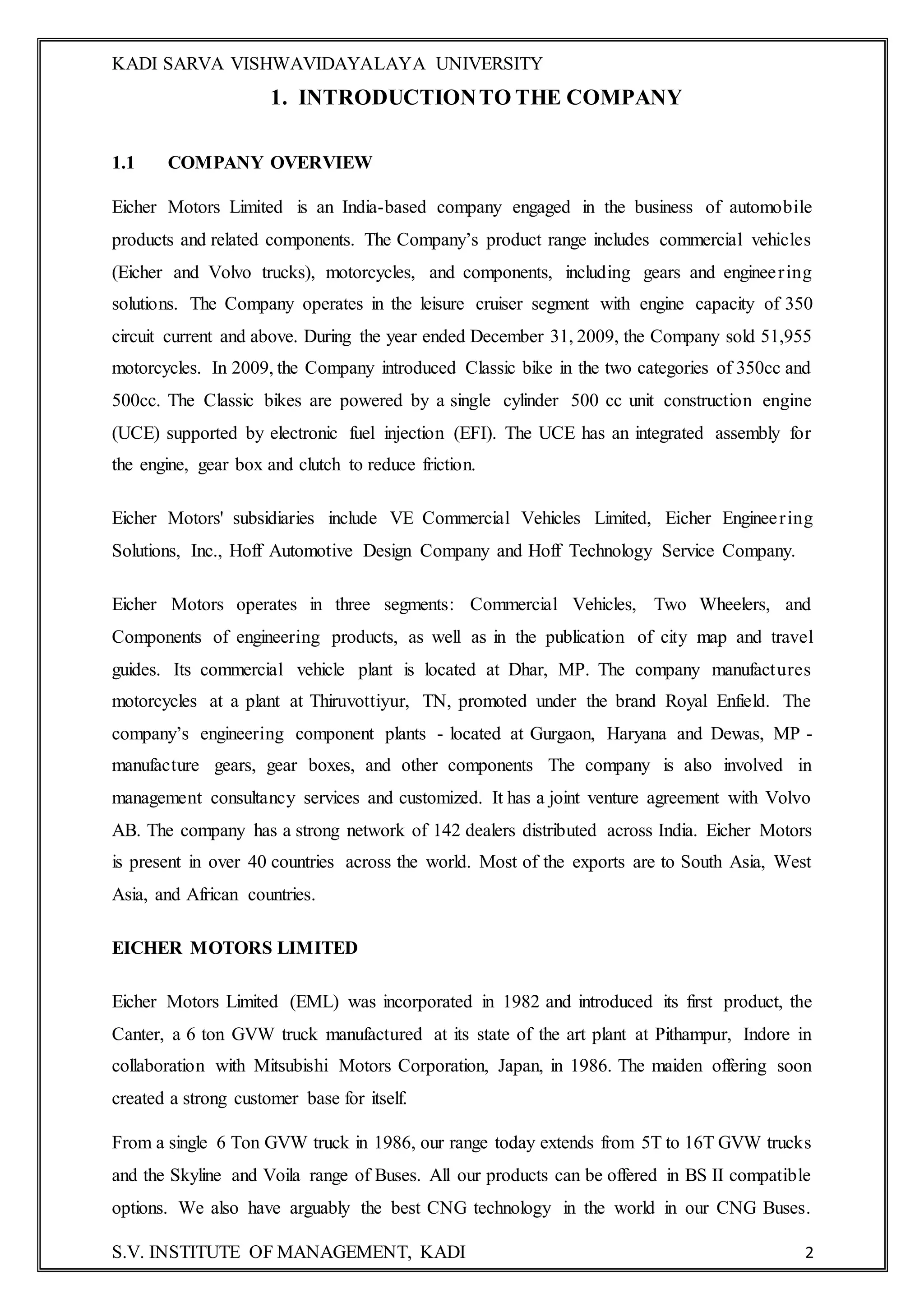 A Project Report On Financial Analysis Of Eicher Motors Limited | PDF