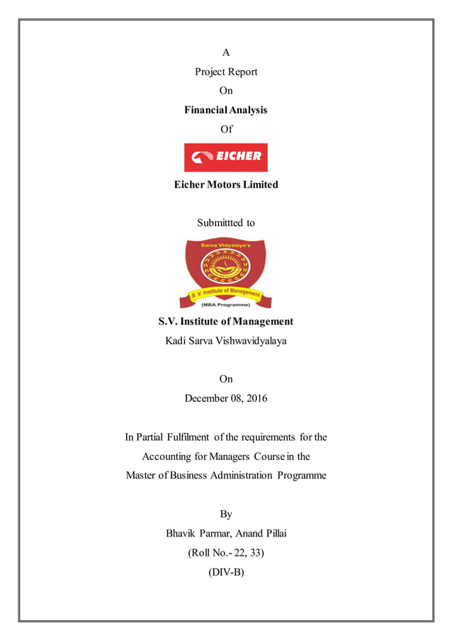 A Project Report On Financial Analysis Of Eicher Motors Limited