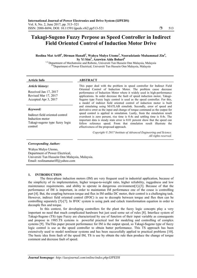 Takagi-Sugeno Fuzzy Perpose as Speed Controller in Indirect Field Oriented Control of Induction ...