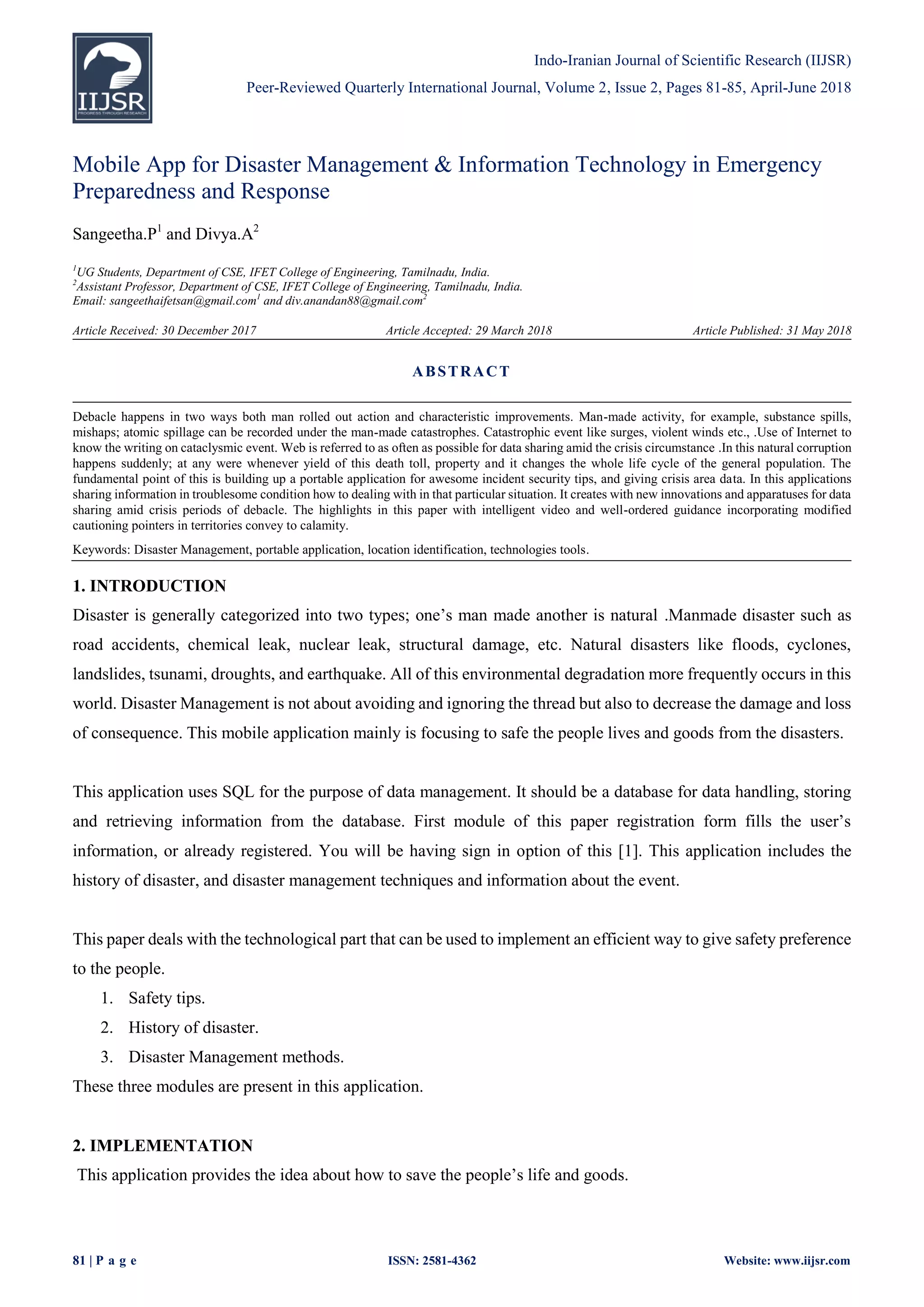 Mobile App for Disaster Management & Information Technology in ...