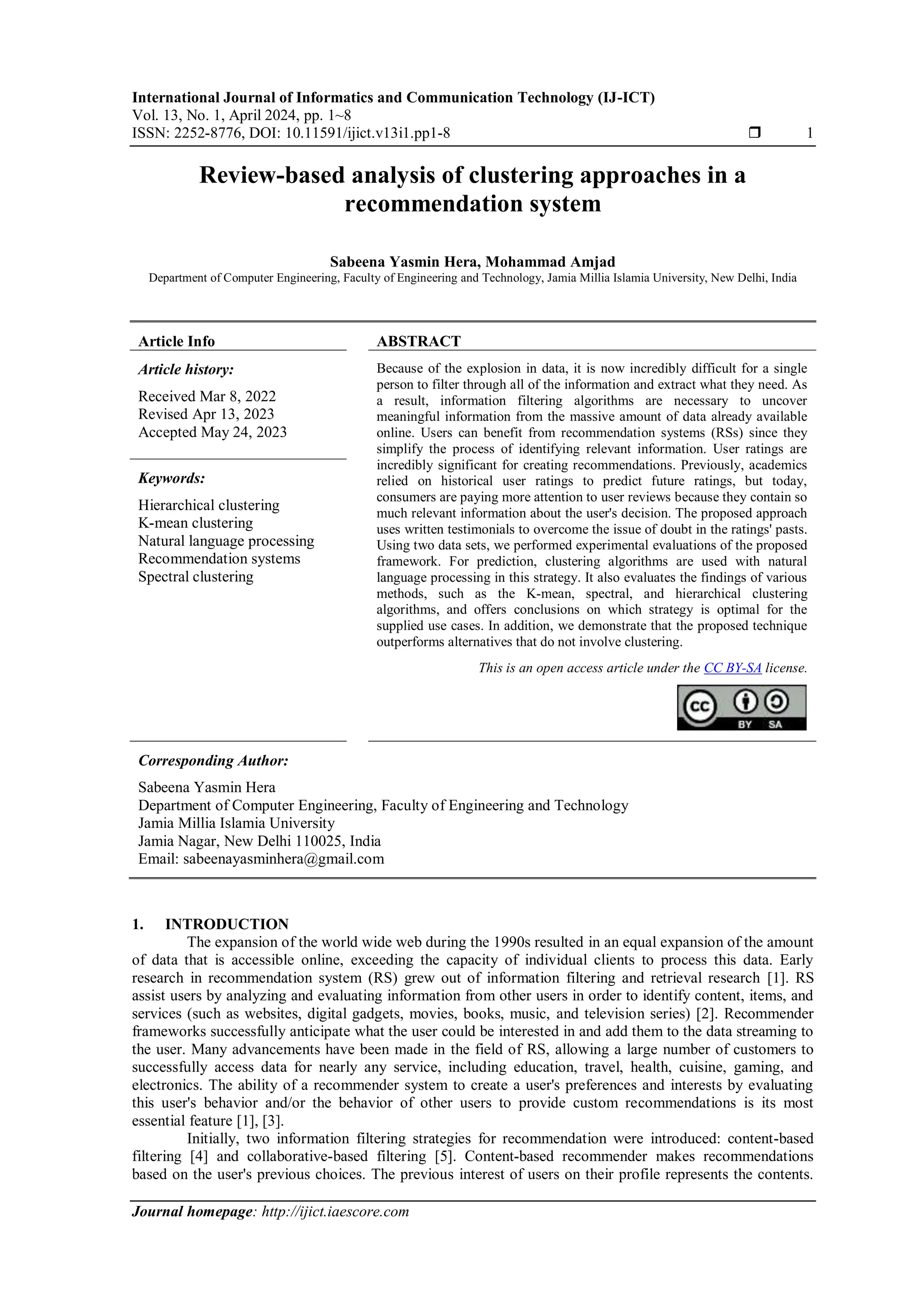 Review-based analysis of clustering approaches in a recommendation system | PDF
