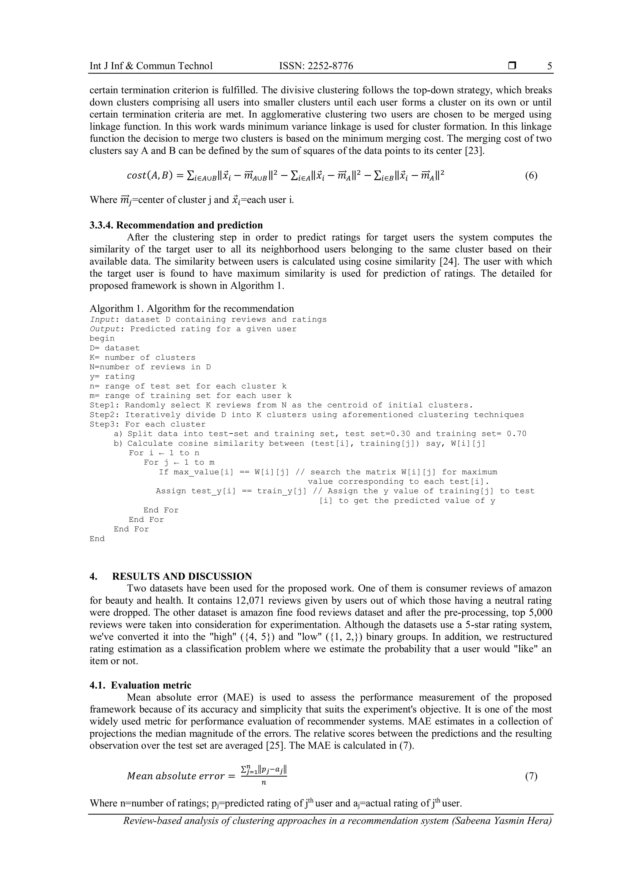 Review-based analysis of clustering approaches in a recommendation system | PDF