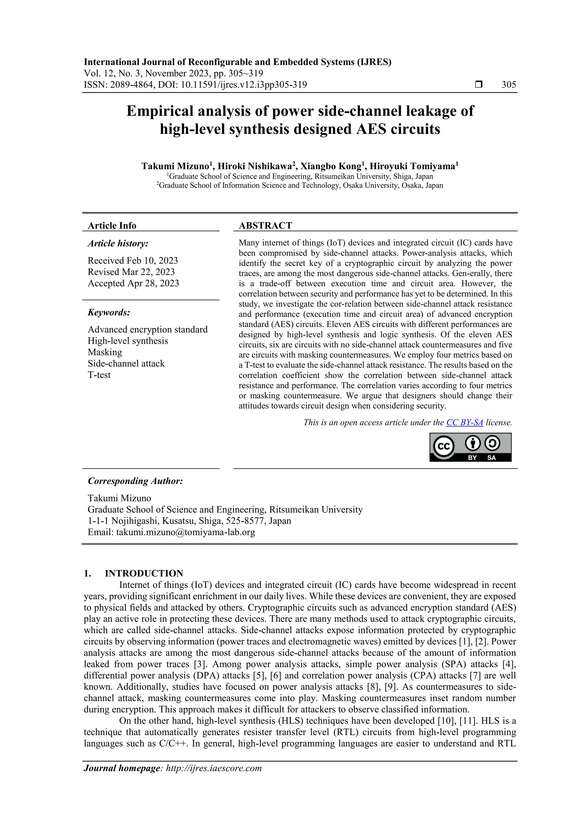 Empirical analysis of power side-channel leakage of high-level synthesis designed AES circuits ...