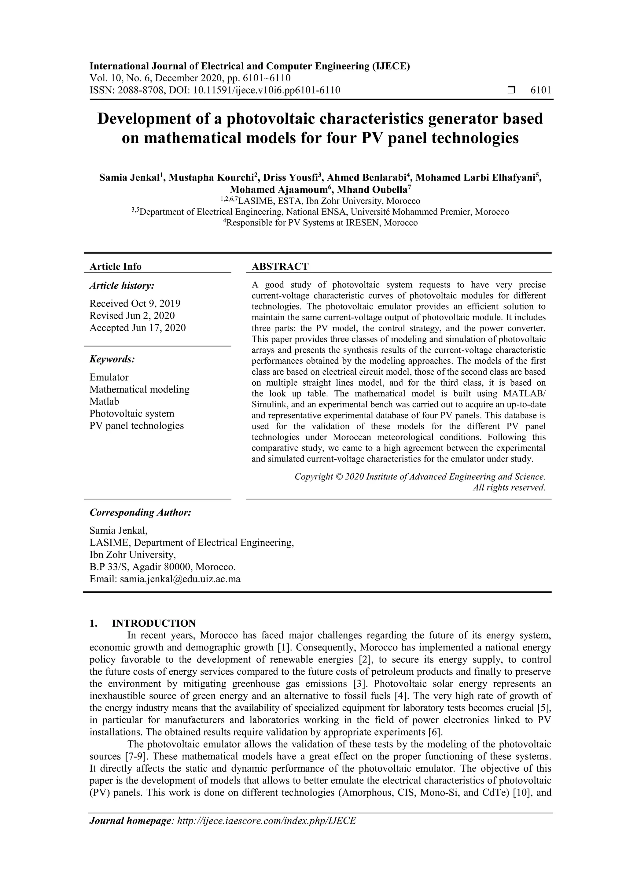Development of a photovoltaic characteristics generator based on mathematical models for four PV ...