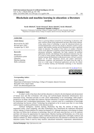 Blockchain and machine learning in education: a literature review | PDF