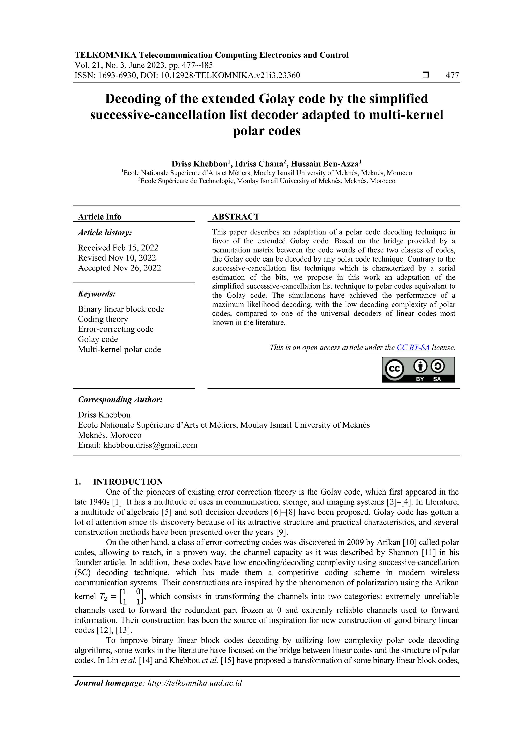 Decoding of the extended Golay code by the simplified successive-cancellation list decoder ...