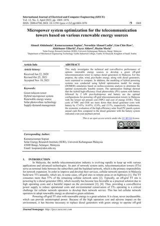 Micropower system optimization for the telecommunication towers based on various renewable ...