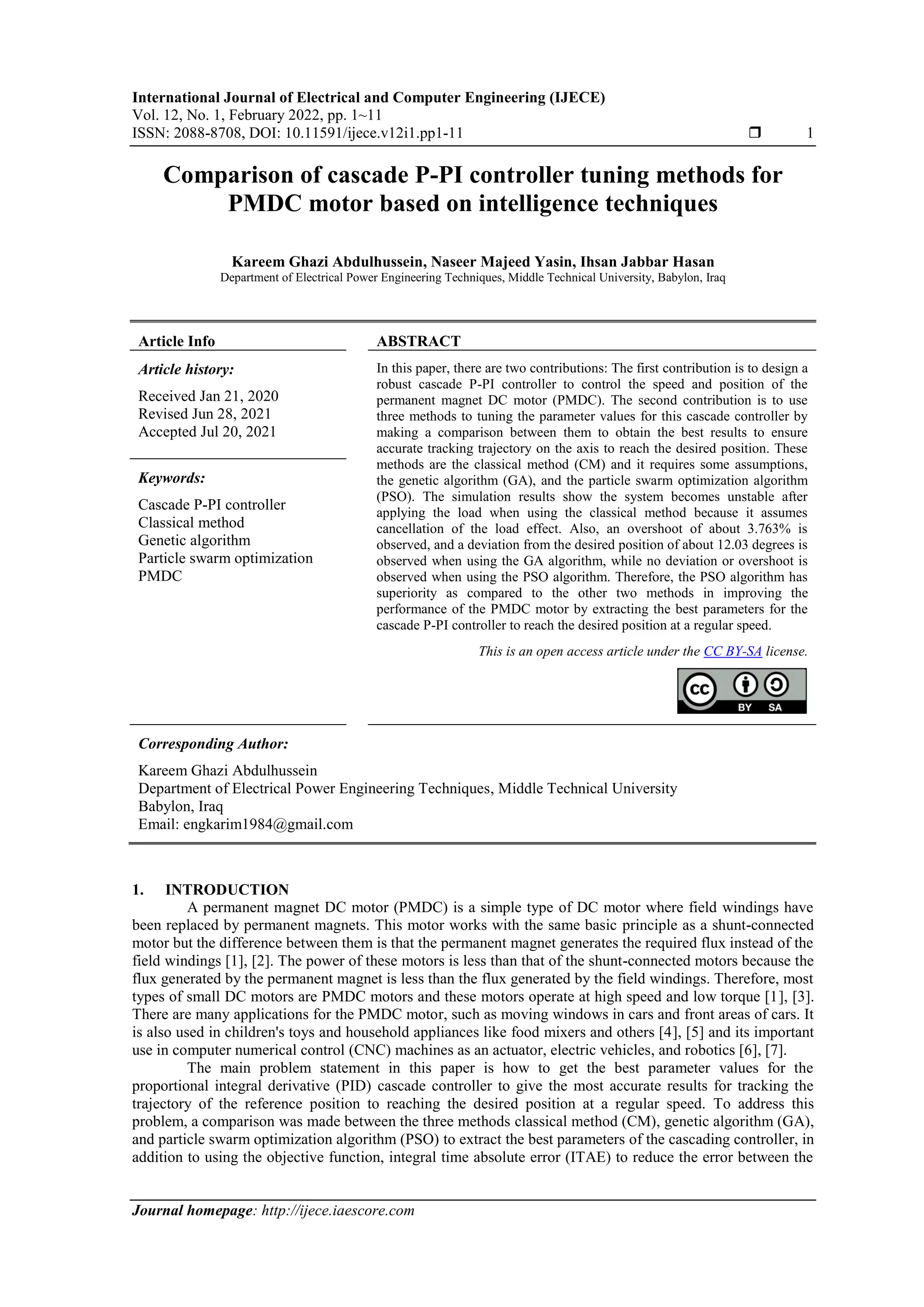 Comparison Of Cascade P Pi Controller Tuning Methods For Pmdc Motor