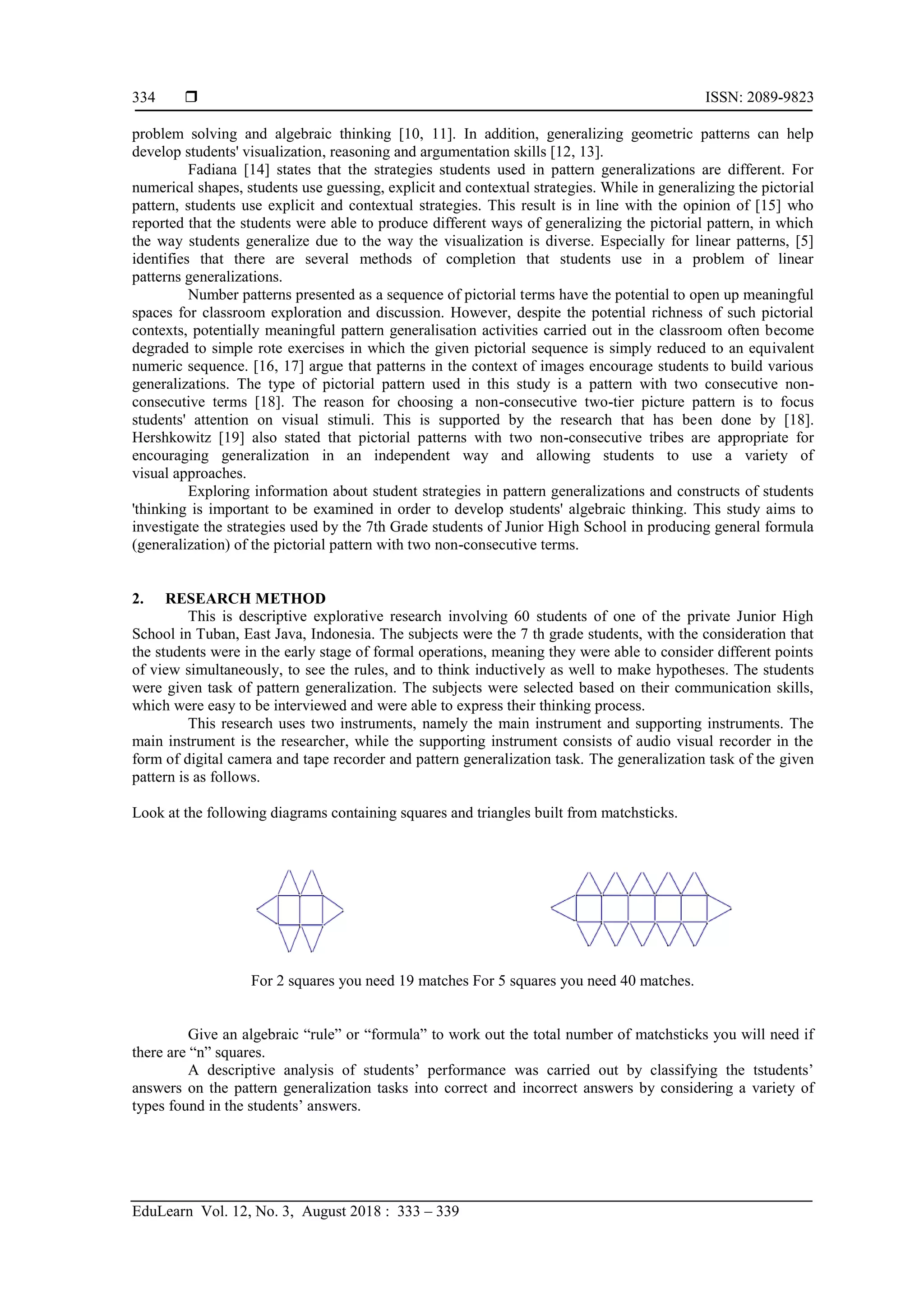 The Seventh Grade Students’ Generalization Strategies of Patterns | PDF