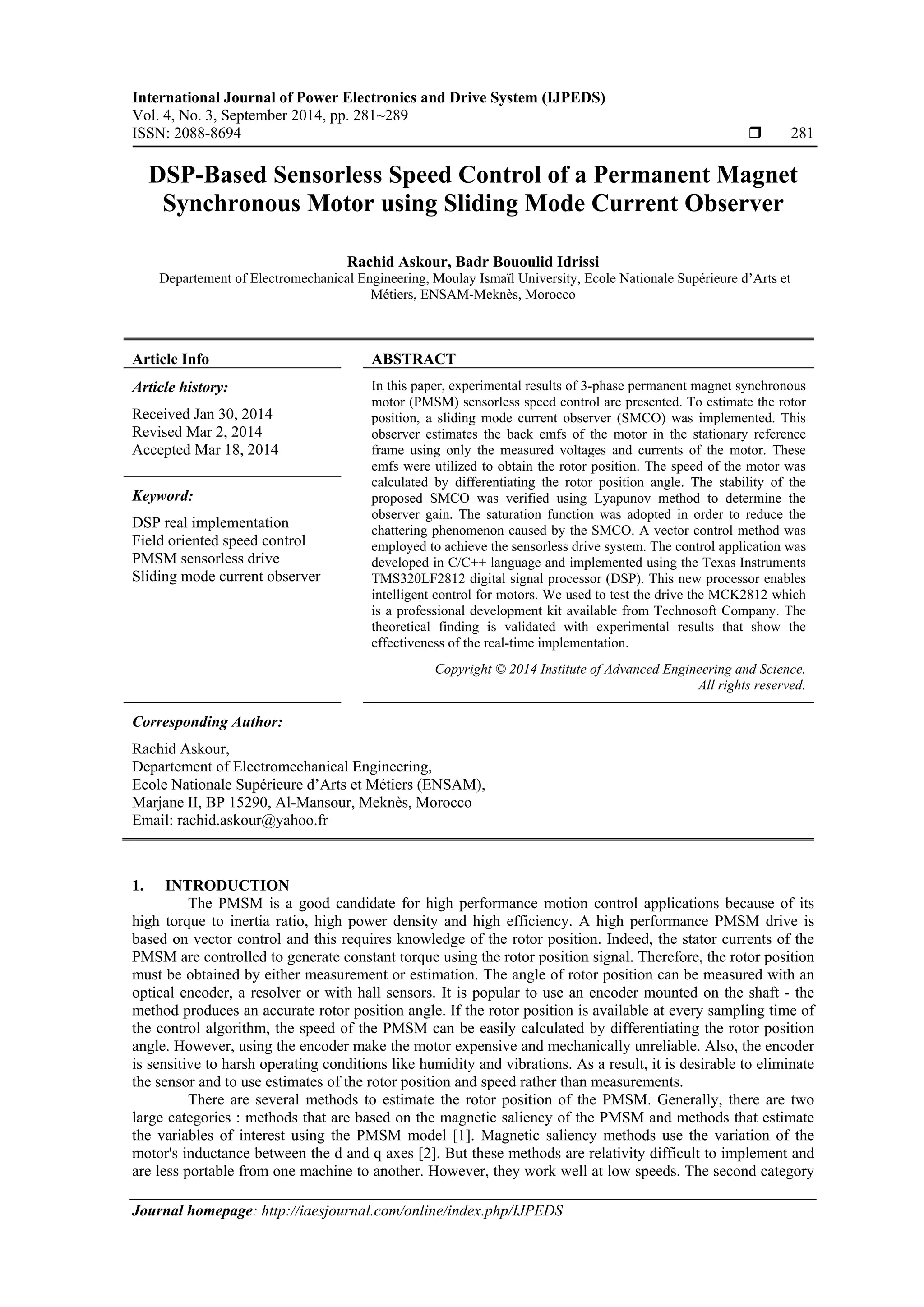 Dsp Based Sensorless Speed Control Of A Permanent Magnet Synchronous