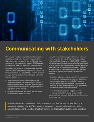 Communicating with stakeholders on cybersecurity risk-a road map for ...