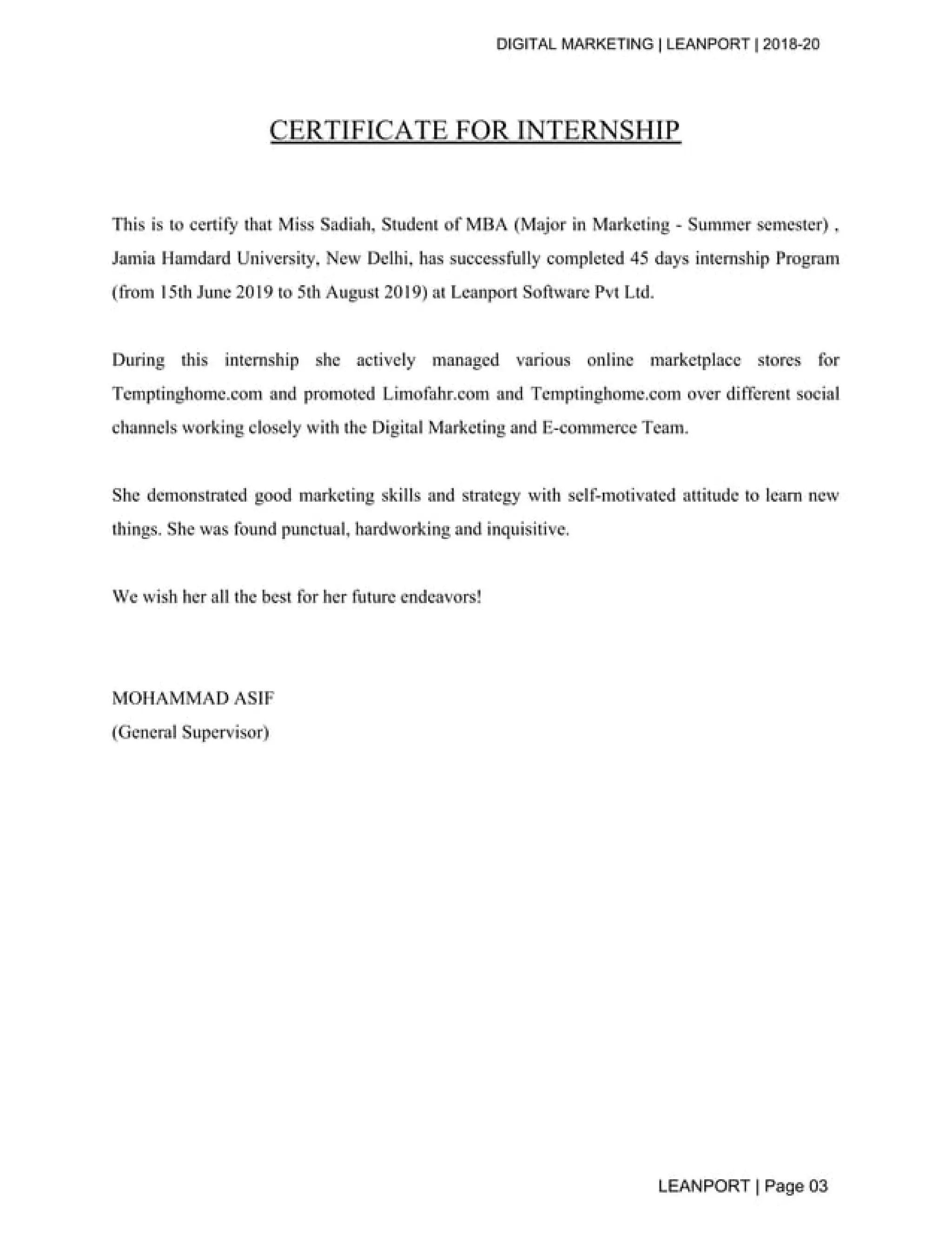 BBA INTERNSHIP CERTIFICATE | PDF