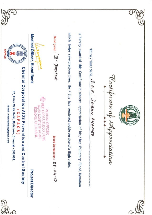 Imran SAF - Blood Donation Certificate 05-Apr-12 | PDF
