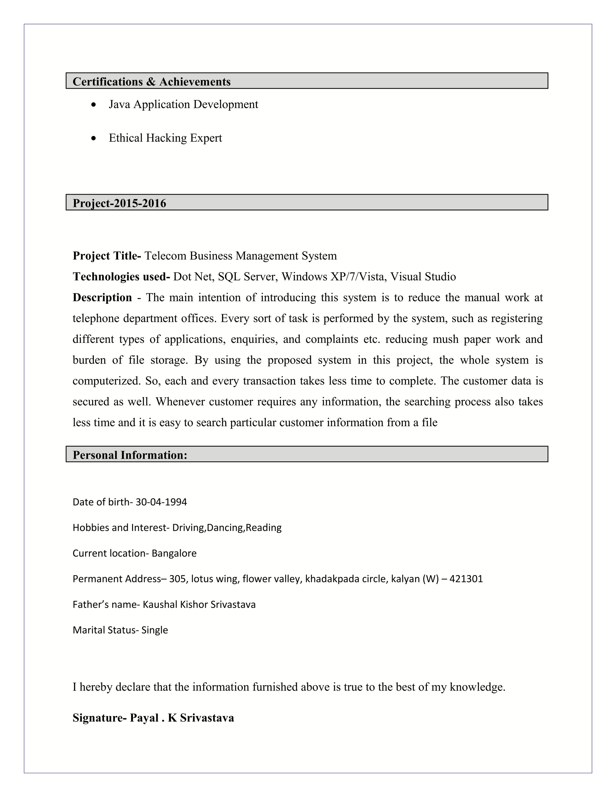 Payal Srivastava resume | DOC