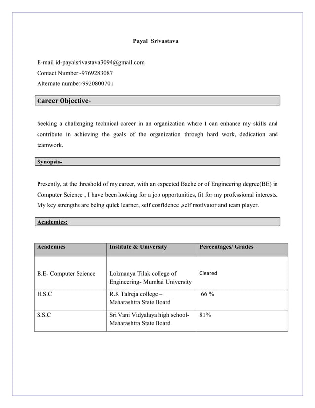 Payal Srivastava resume | DOC | Technology & Computing