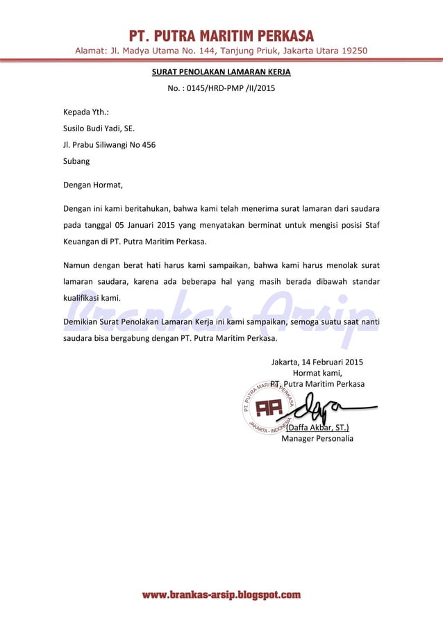 Contoh Surat Penolakan Lamaran Kerja | PDF